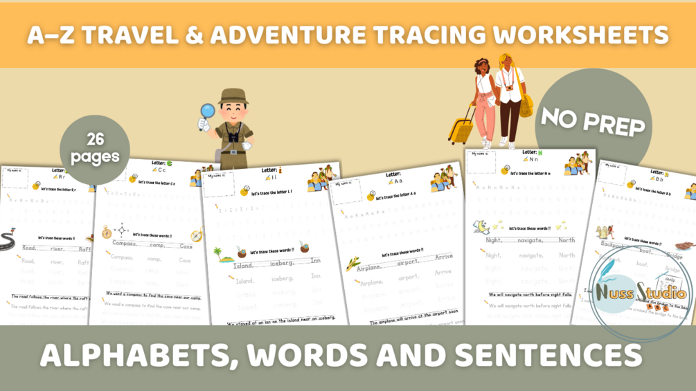 Write the World / A–Z Travel & adventure-themed tracing worksheets.