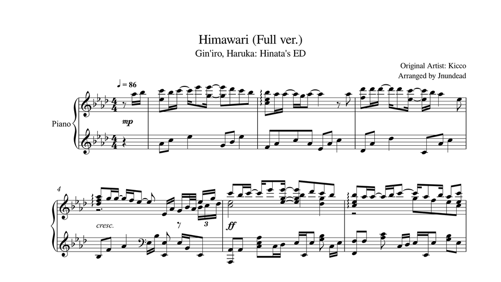 [Gin'iro, Haruka: Hinata's ED] Himawari (Full ver.) Piano Arrangement