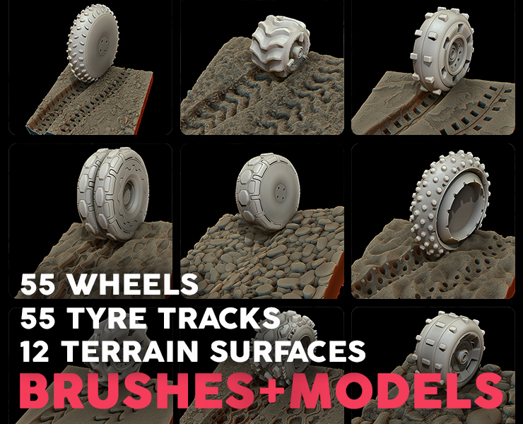Zbrush Brushes Pack (wheels + tire tracks + terrain surfaces)