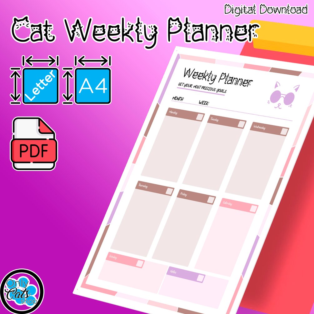 Simple Pink Daily - Weekly Planner 😻 Pink Cat lover design | Gift for ...