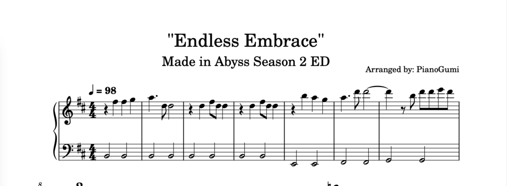 Made in Abyss Season 2 ED - "Endless Embrace" - EASY Piano Sheet Music