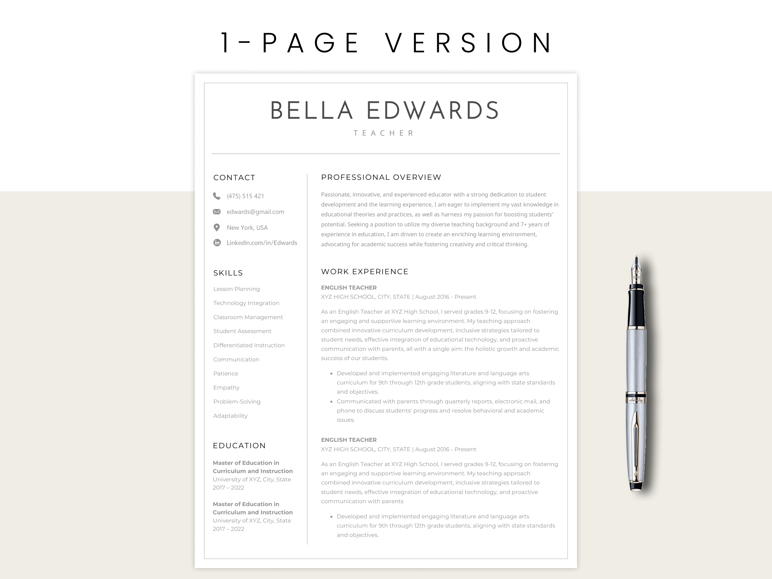 Clean, Simple, Modern, Minimalist Resume Template for Word, 2 Page ...