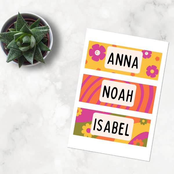 Retro Groovy Boho Classroom Student Desk Name Plates Tags