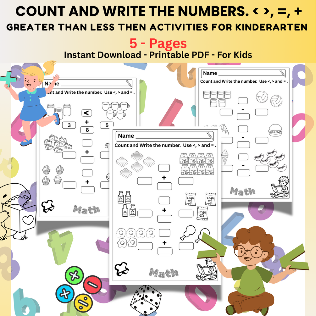 Kindergarten Math Worksheets - Count, Compare and Add - Greater Than ...