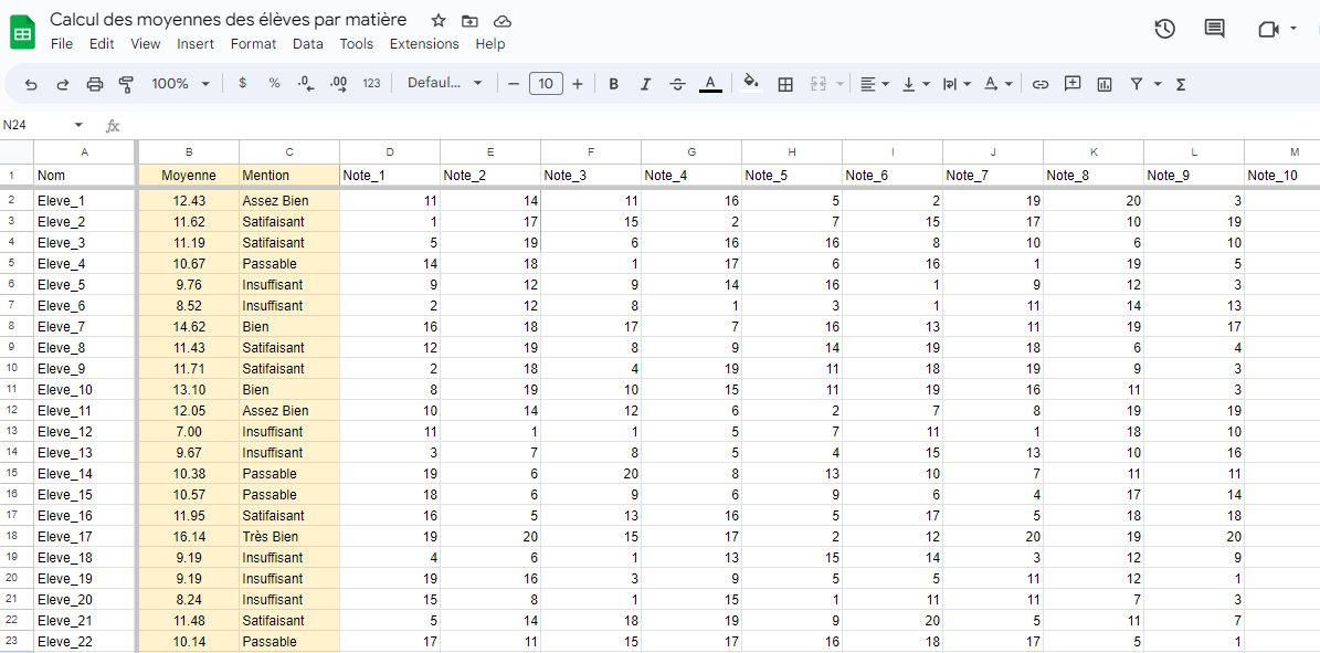 Tableur de calcul des moyennes des élèves par matière