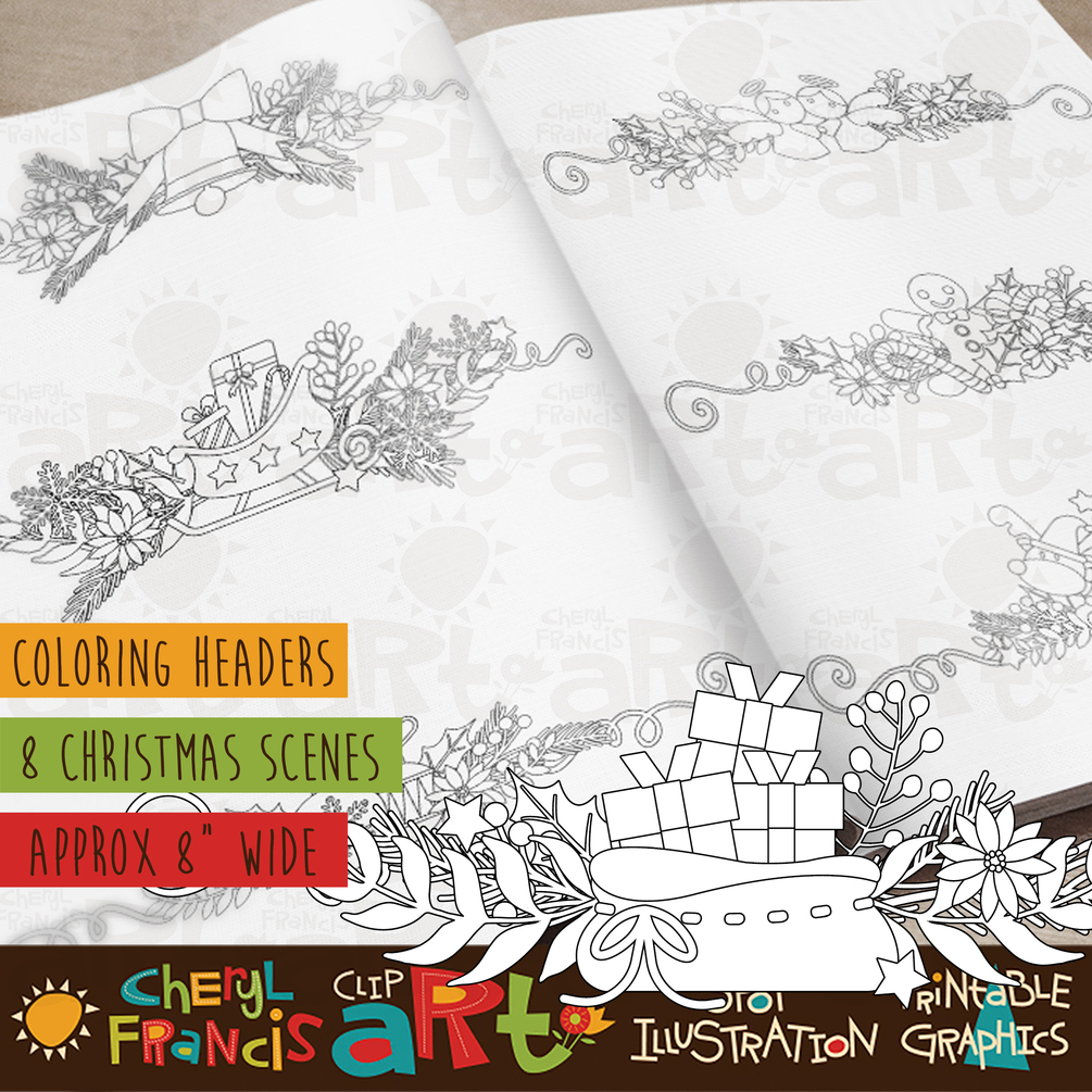 8 pc Christmas Headers Dividers for Coloring Clip Art