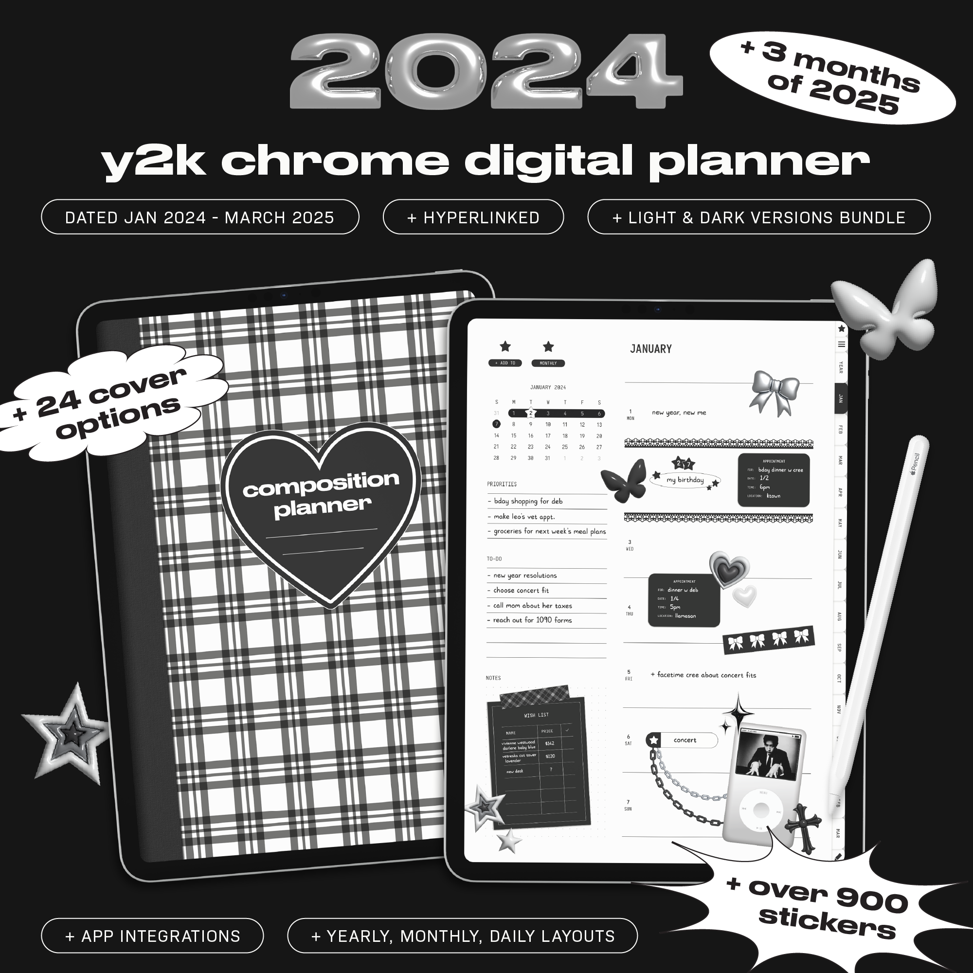 2024 Classic Chrome Digital Planner (Y2K Aesthetic, Goodnotes, Hyperlinked)