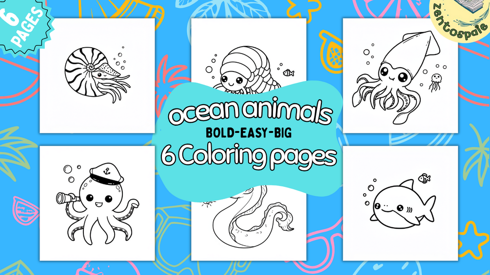 Ocean Animals: 6 Fun & Cute Coloring Pages of Sea Creatures for Kids
