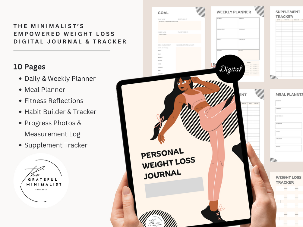 Minimalist Empowered Weight Loss Digital Journal & Tracker (For Women Taking Charge) | Printable ...