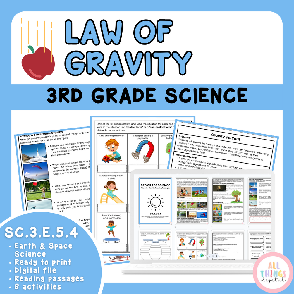Law of Gravity SC.3.E.5.4 3rd Grade Earth Science Activity & Answer Key