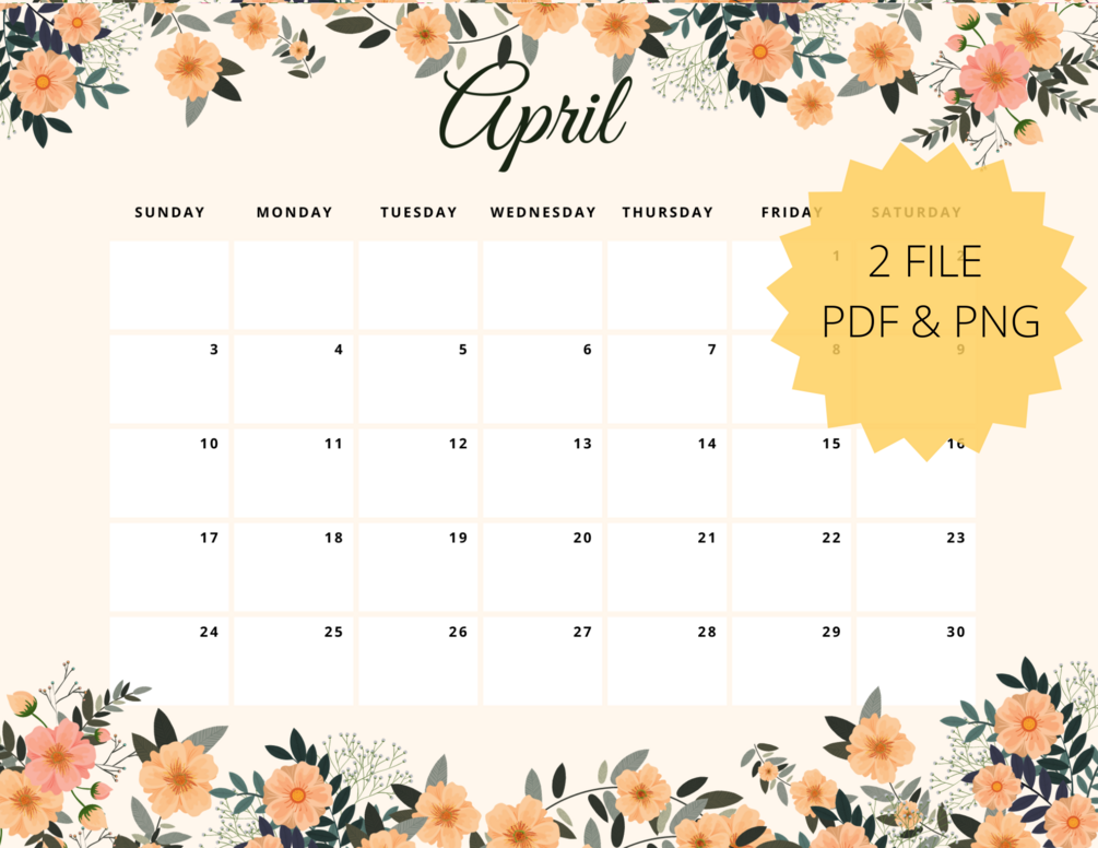 Editable April 2022 Calendar Printable - Floral Calendar 2022 - Digital ...