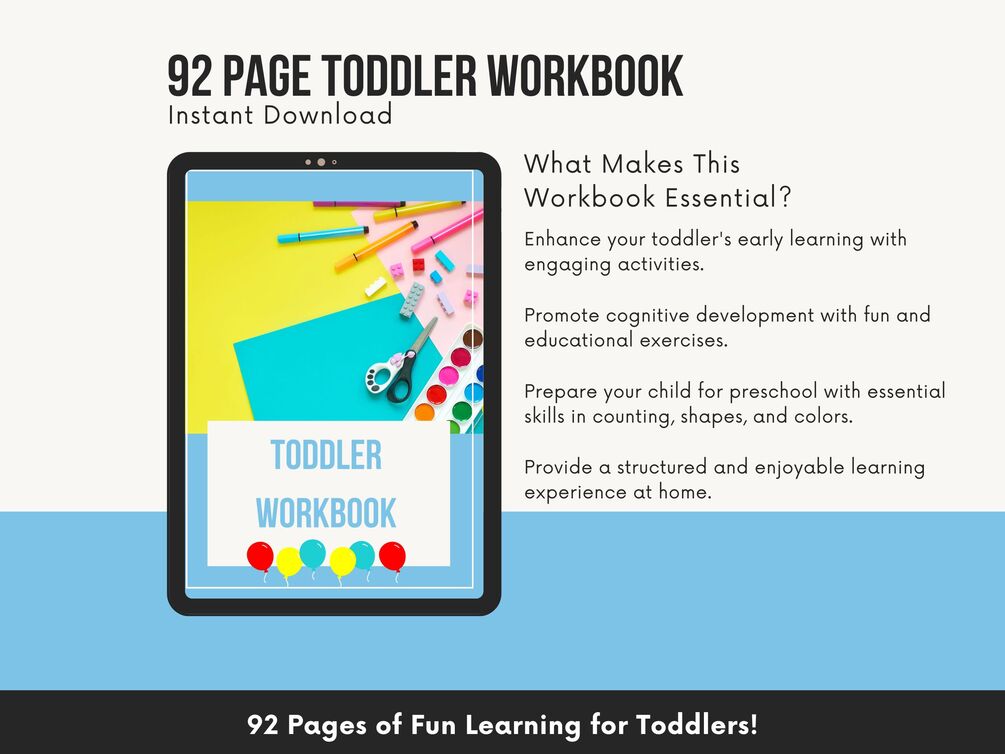 92-Page Toddler Learning Workbook: Numbers, Letters, Shapes, Colors ...