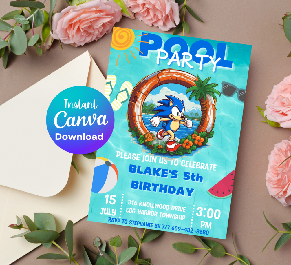 Sonic Pool Ring Birthday Invitation | Fun & Customizable Kids' Party Invite