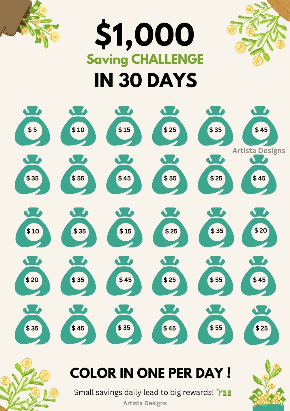 Money Saving Challenge Printable | Save 1000 in 30 Days! | Savings ...