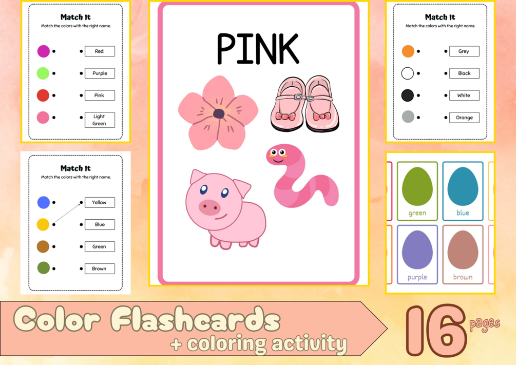 Color Flashcards with coloring activity (set C) of 16 pages