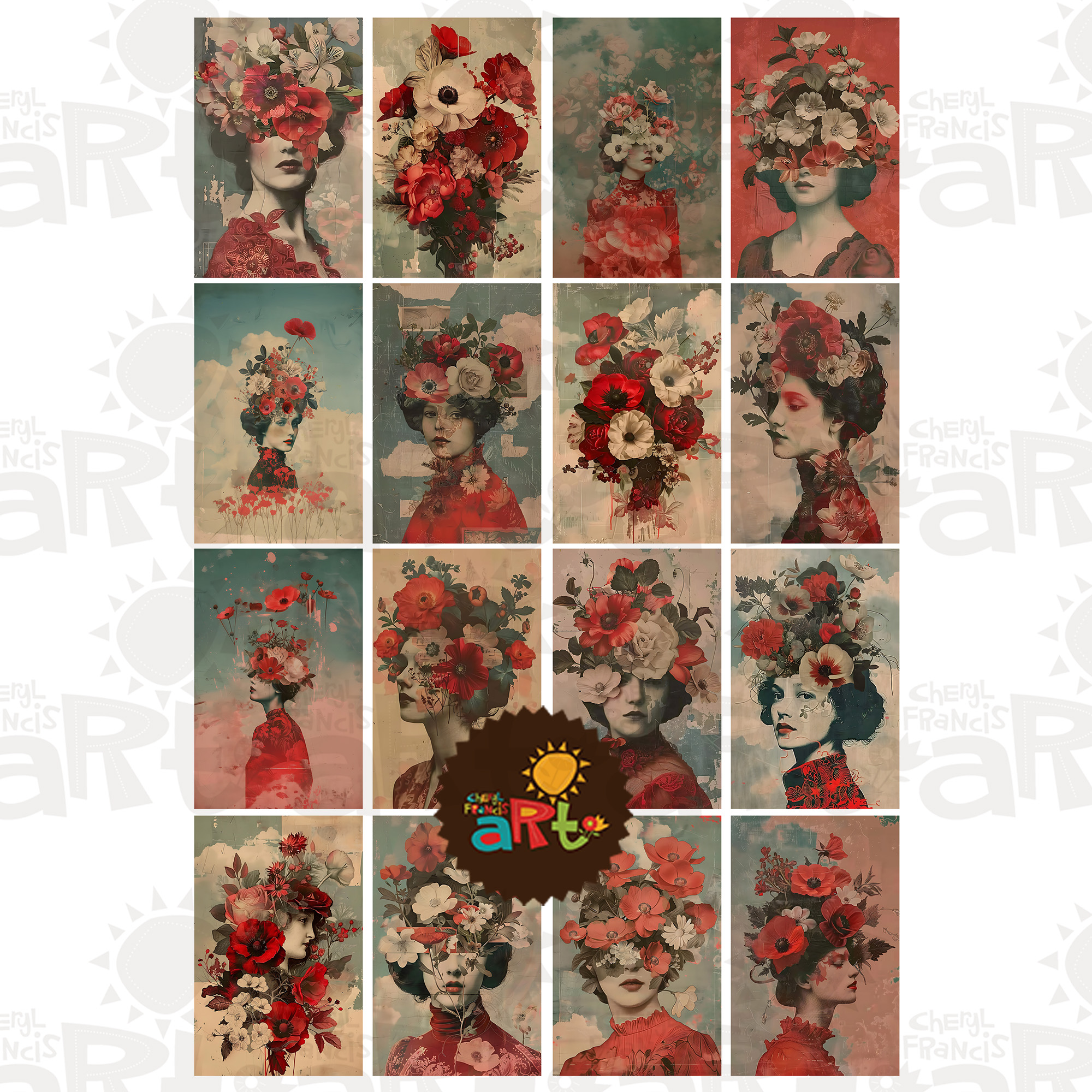 16 pc Red Floral Portrait Woman Collage Printable Junk Journal Half ...