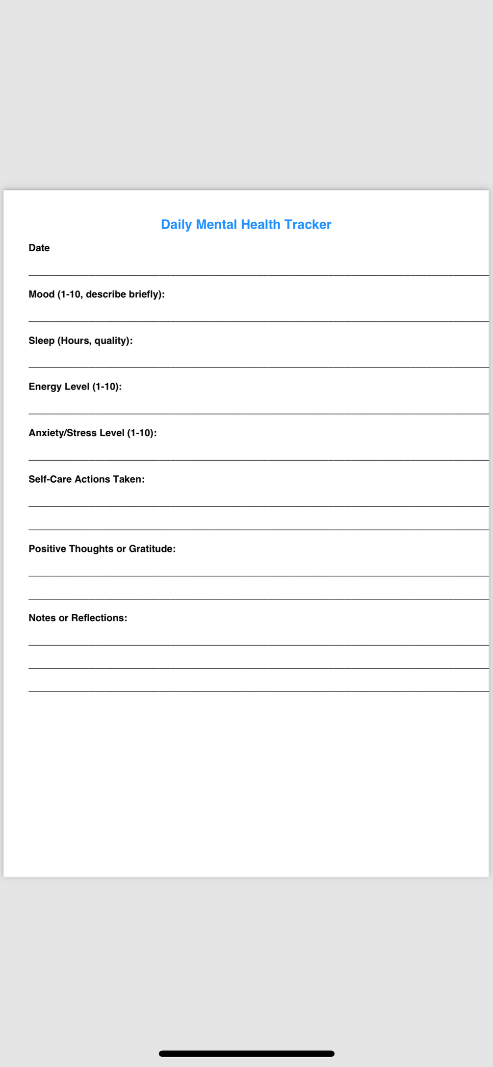 Daily Mental Health Tracker - Printable PDF