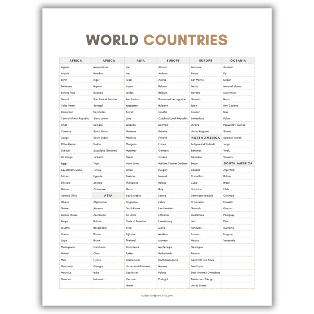List of Countries of the World Printable PDF