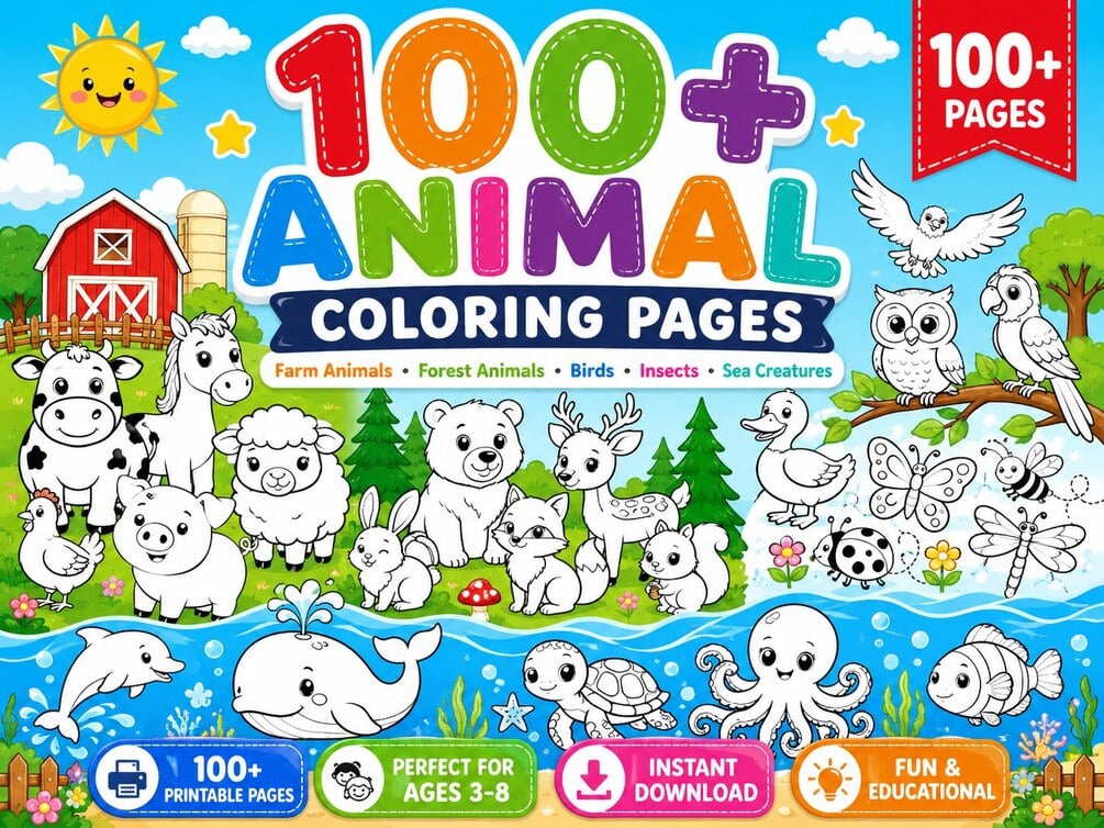 100+ Animal Coloring Pages Bundle for Kids | Farm, Jungle, Insects ...