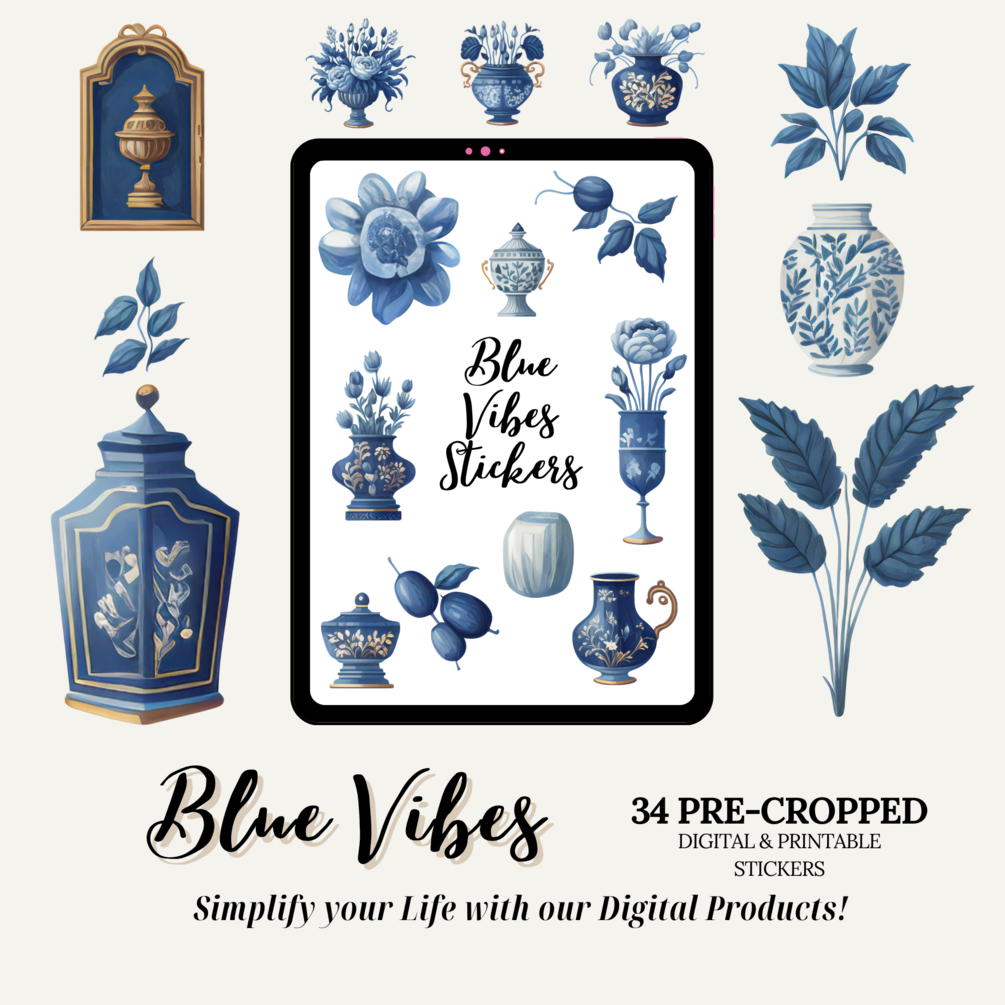 Blue Vibes Stickers, Pre Cropped Stickers, Digital Planner Stickers ...