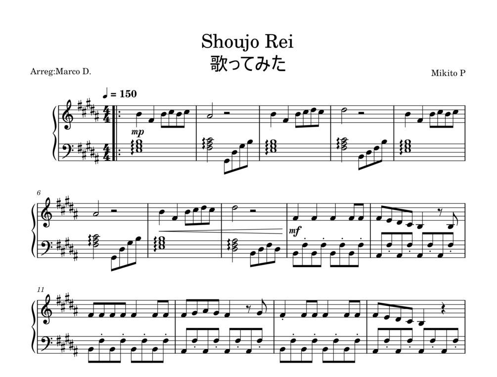 Shoujo Rei 歌ってみた / Mikito P SHEET + MIDI