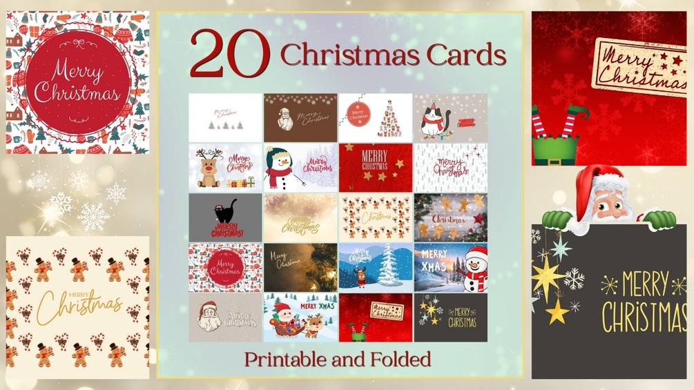 Printable Christmas card set. 20 Printable greeting cards for hollidays