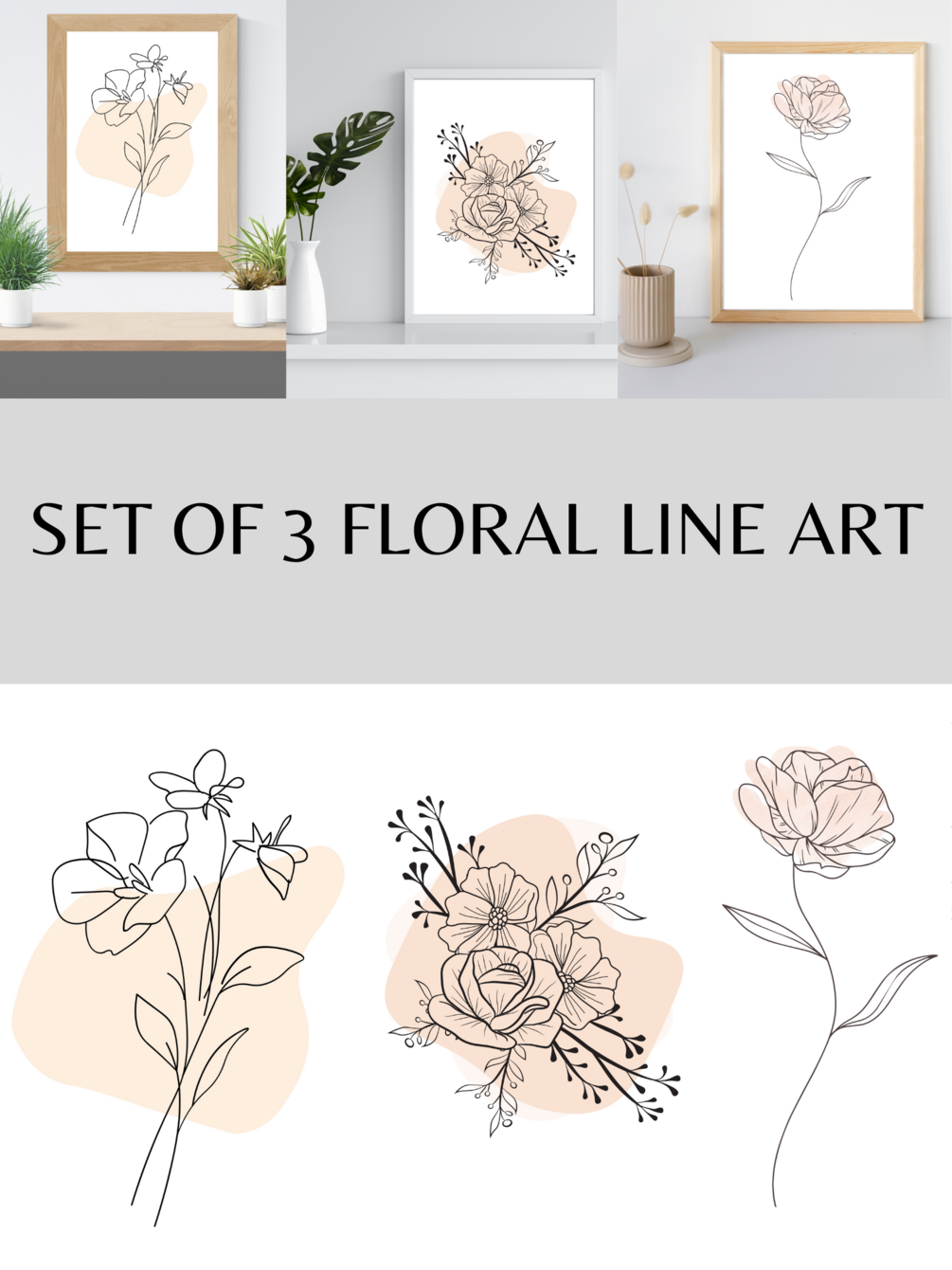 Flower Line Art Set Of 3 Prints, Floral Prints, Botanical Line Drawing, Printable Wall Art ...