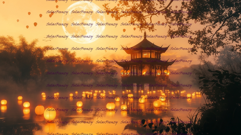 Enchanted Pavilion with Lanterns and Full Moon