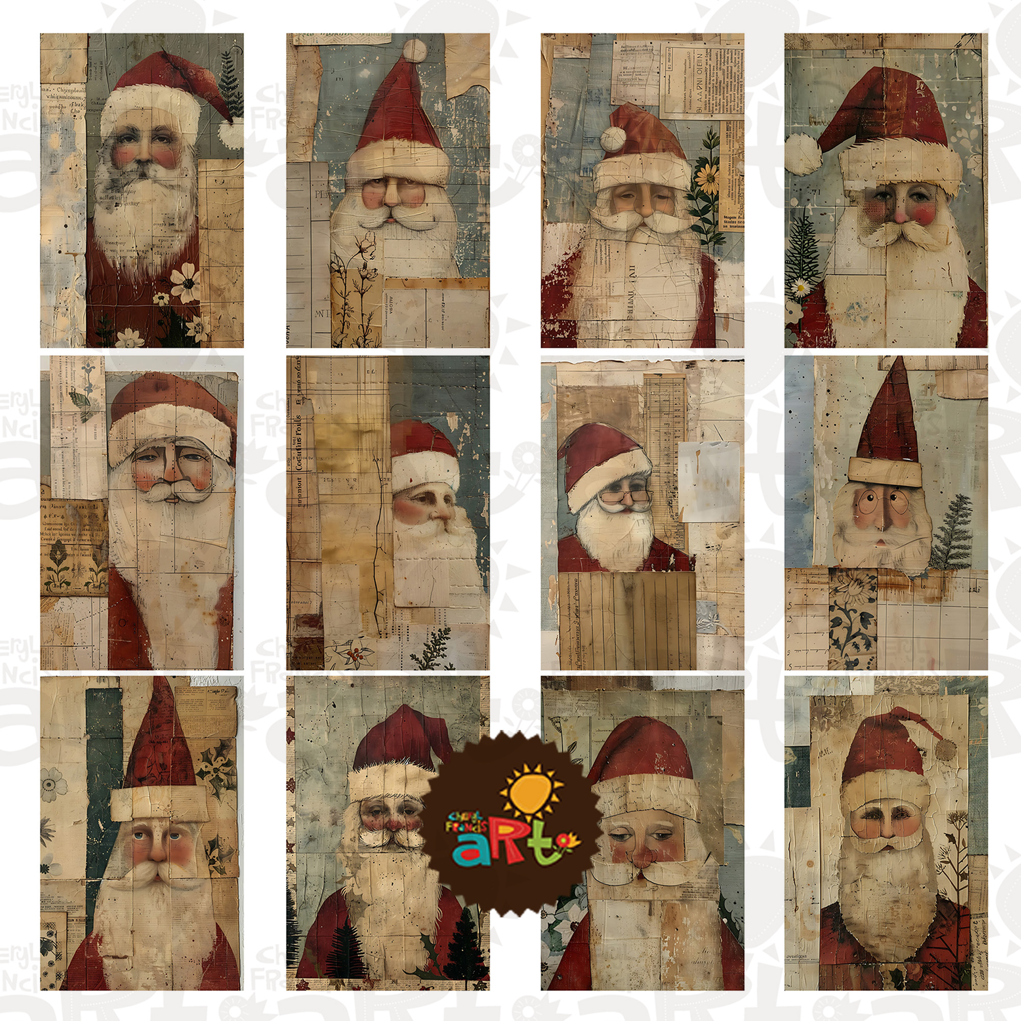 12 pc Santa Face Collage Ephemera Printable Junk Journal Half Papers ...
