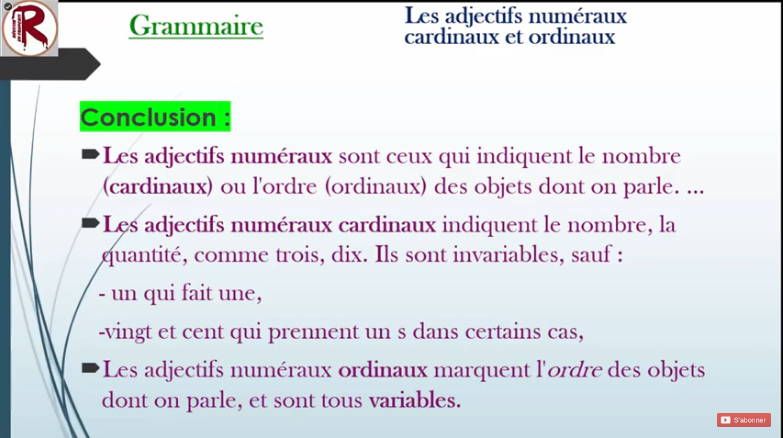 cours de grammaire les adjectifs numéraux cardinaux et ordinaux