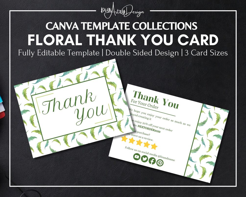 S412 Green Floral Thank You Card Template - Editable Business Card ...