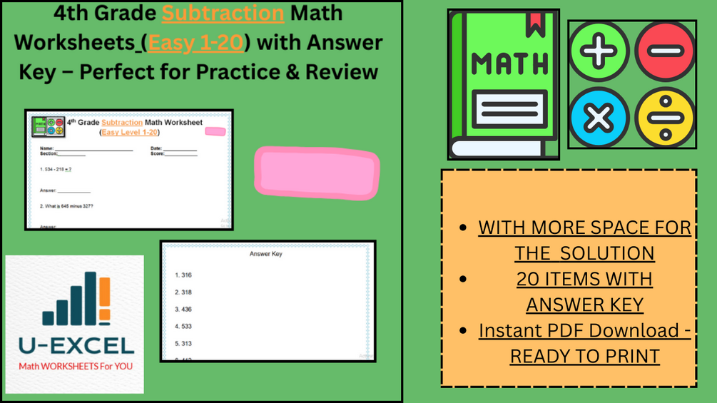 4th Grade Subtraction Math Worksheets Easy with answer key - Perfect ...