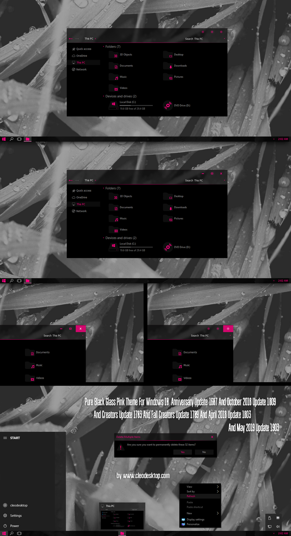 Pure Black Glass Pink Theme For Windows 10
