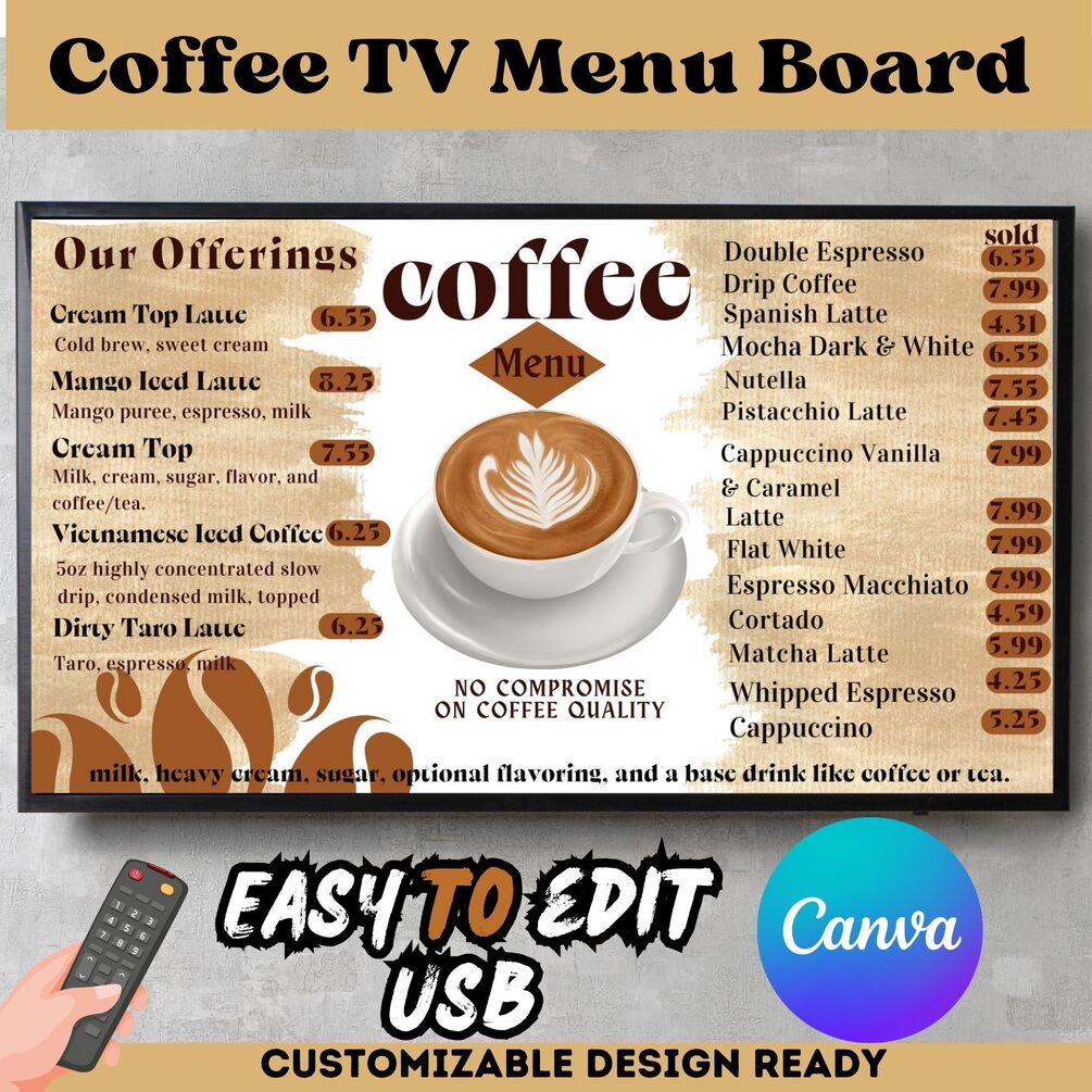 Customizable Digital Cafe Menu Template for TV Display - Editable Canva ...