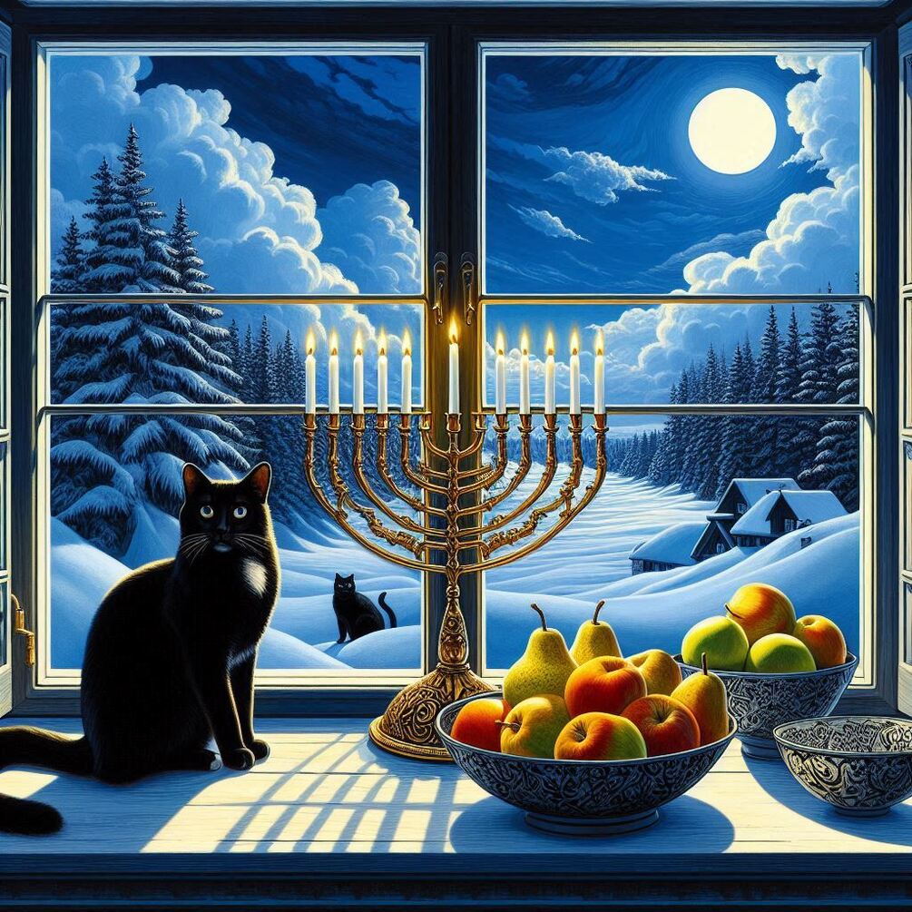 "Moonlit Harmony: A Cat, Menorah, and Winter Elegance"