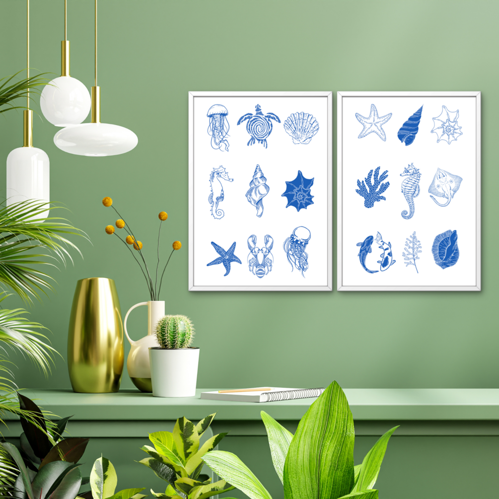Set Of 2 Sea Creatures Prints, Summer Time Wall Art, Summer Posters,