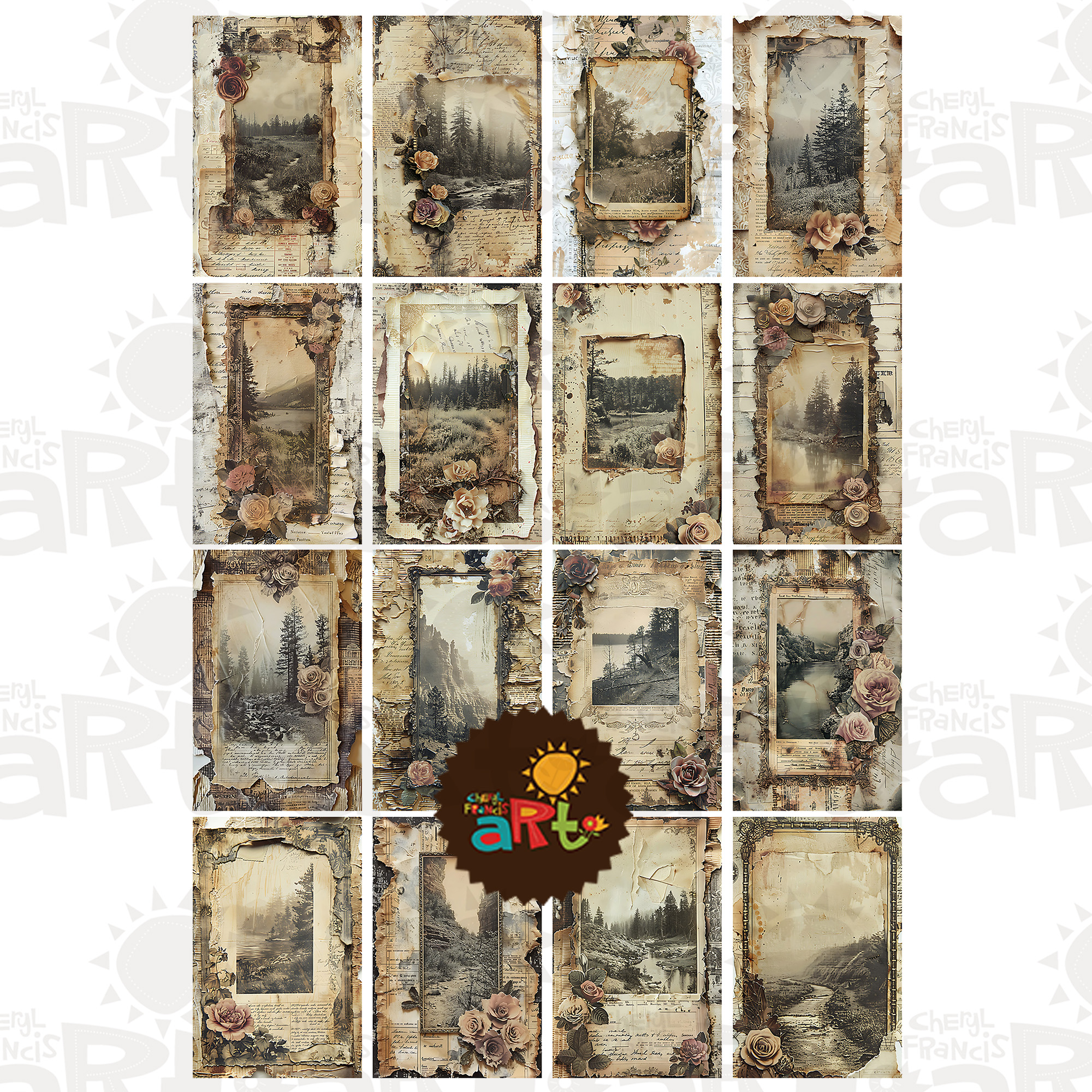 16 pc Decorated Page Landscape Ephemera Collage Printable Junk Journal ...
