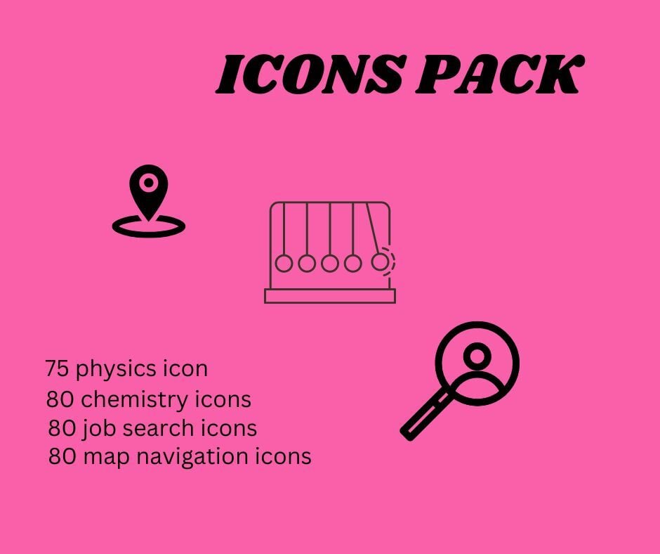 Icons pack (75 physics icon, 80 chemistry icons, 80 job search icons and 80 map navigation icons)