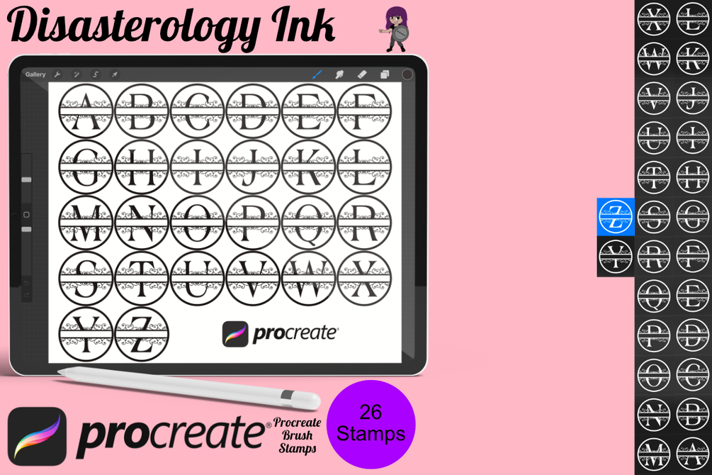 Decorative Split Monogram Alphabet Procreate Brush Stamps, 26 Letter Stamps