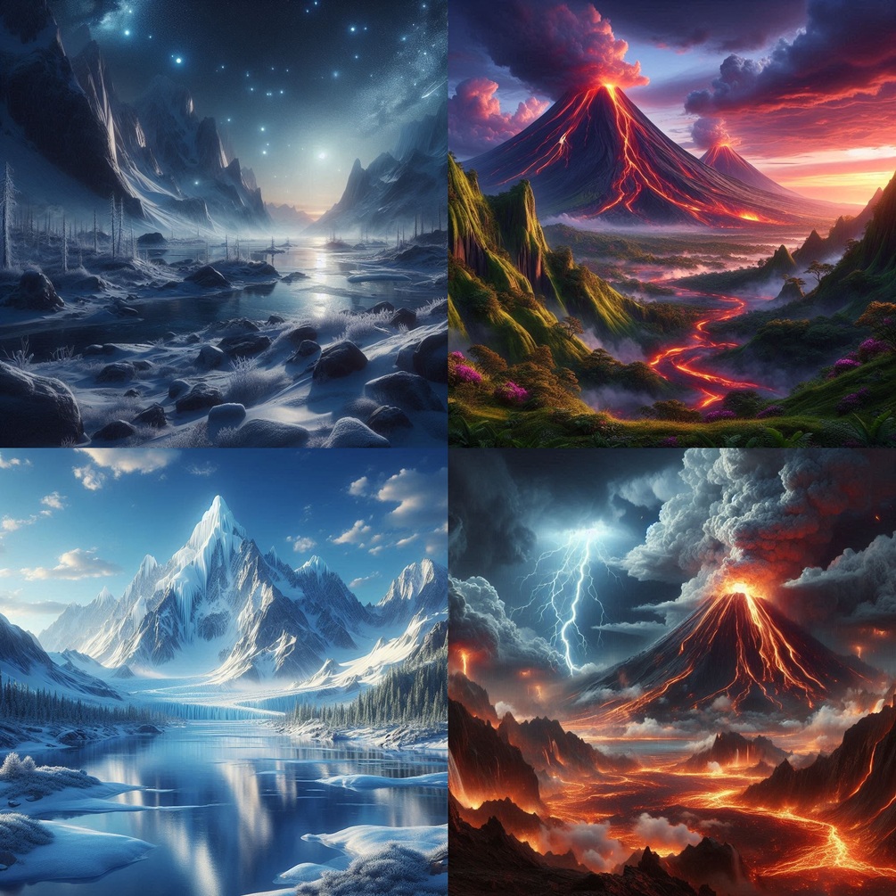 AI landscape images - Nature: Ice + Volcano (DALL·E 3) (68 images).