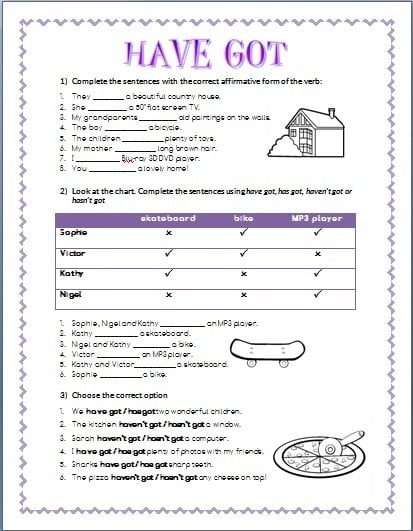 Verb Have Got affirmative and negative forms worksheet
