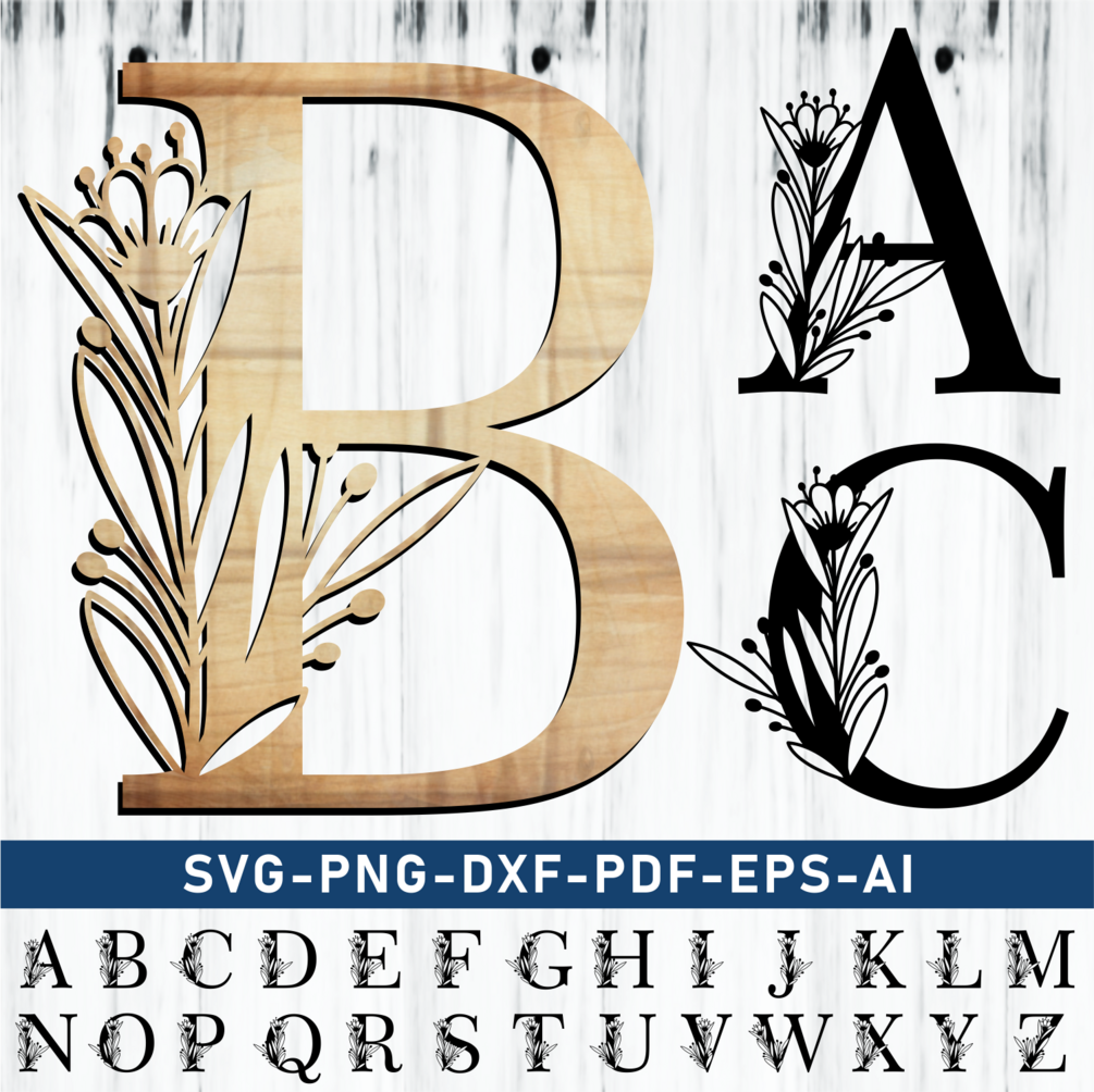 Flower Monogram Alphabet Letters Set A-Z SVG Designs Bundle, Floral Monogram Font SVG File Laser ...