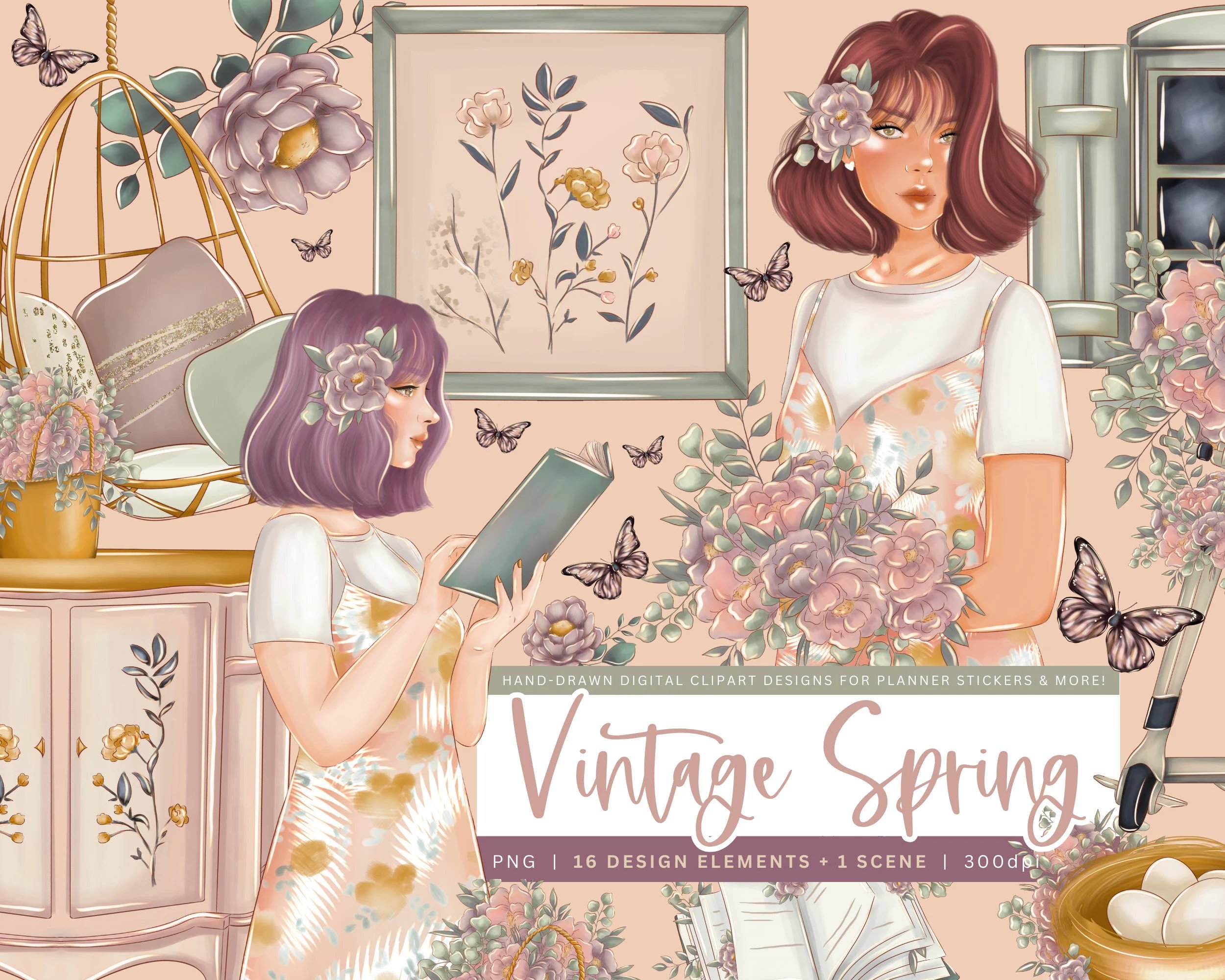 Timeless Blossoms Vintage Spring Clipart Set - Watercolor Floral ...