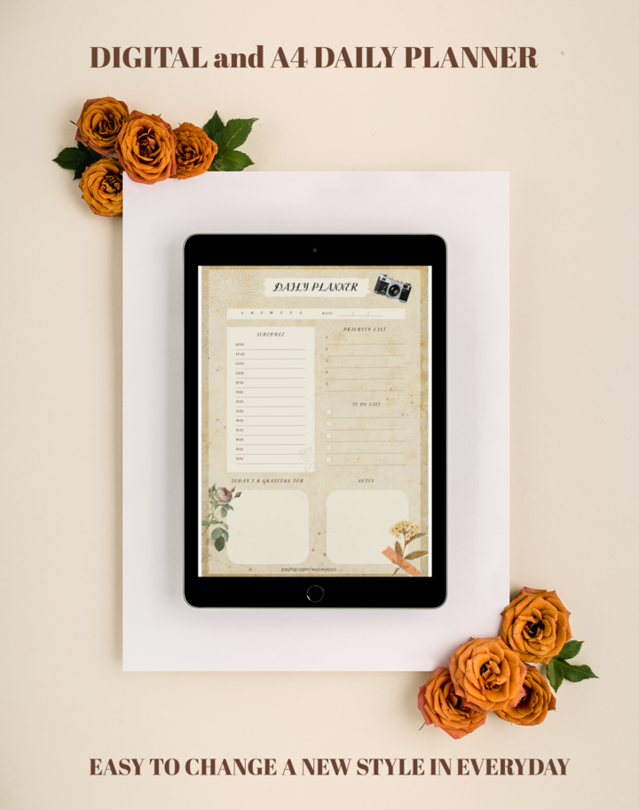 Vintage, Retro style, Digital and A4 Daily Planner, Printable planner ...