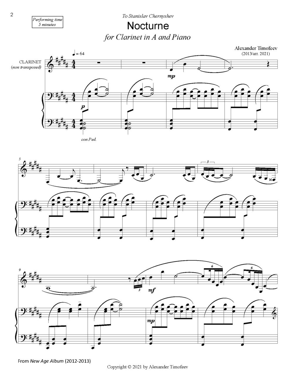 Nocturne, for Clarinet and Piano (2013/2021) - PDF