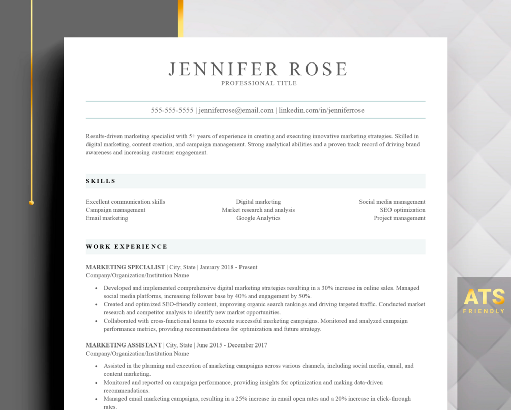 ATS Friendly Resume Template for Google Docs, Word & Apple Pages with 3 ...