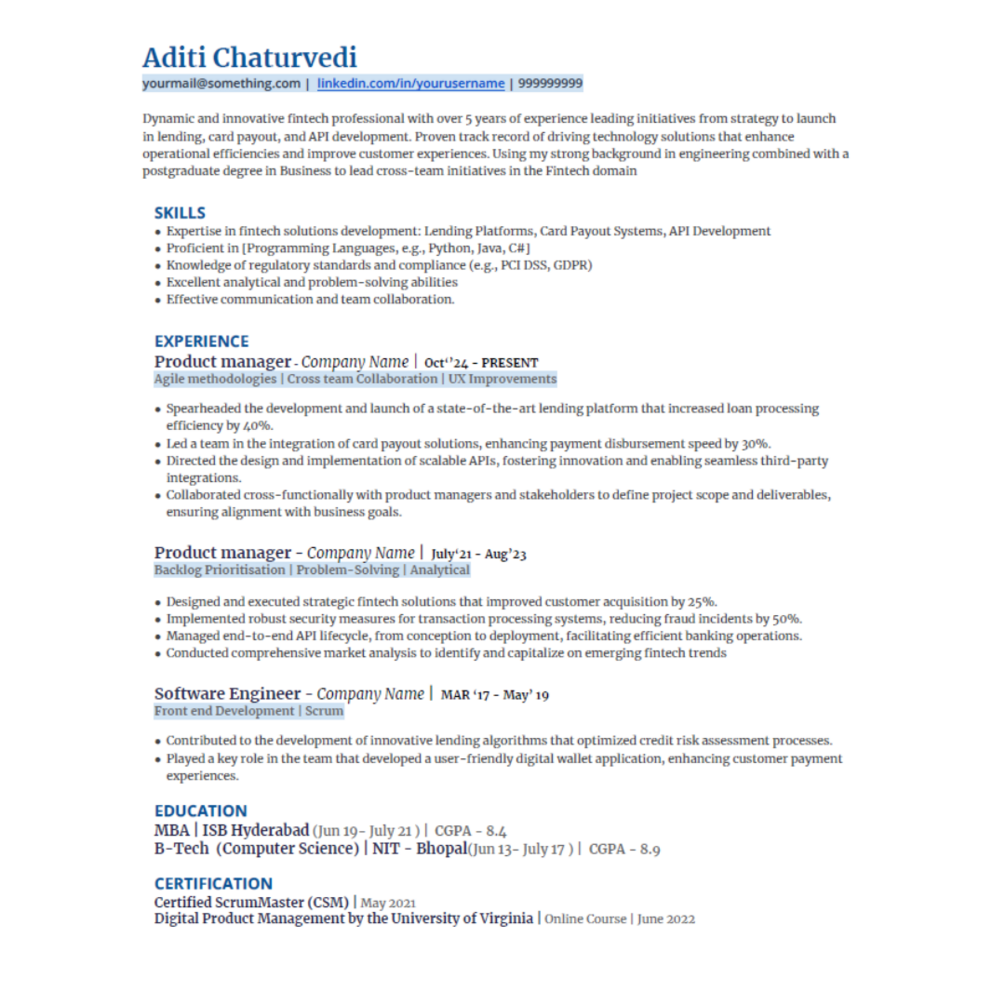 Resume Template for Mid Level Product Manager in Fintech domain ...