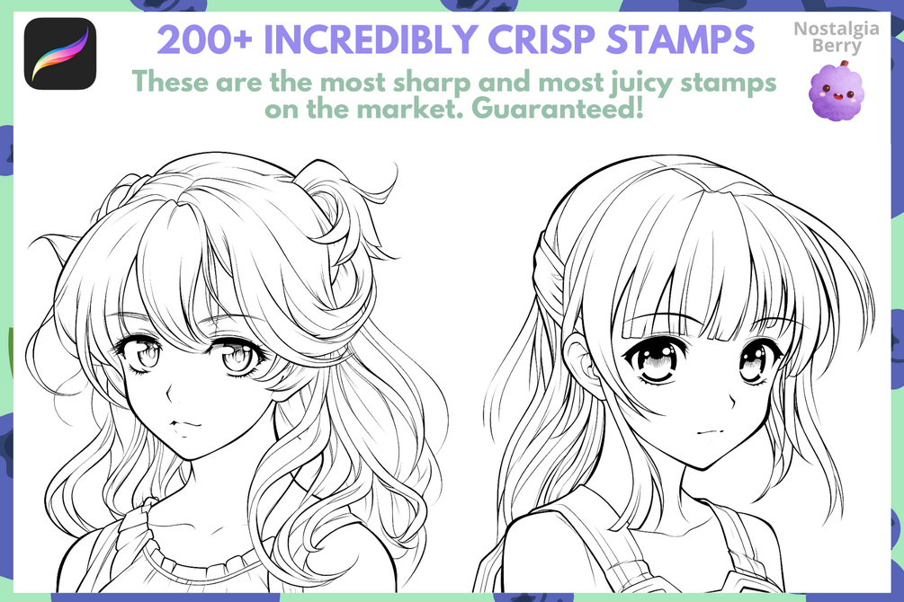 Procreate Stamps: 200+ Anime Girl Head Lineart Stamps for Manga ...