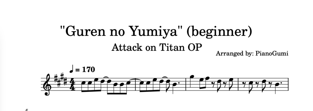 Attack on Titan OP - "Guren no Yumiya" - BEGINNER Piano Sheet Music