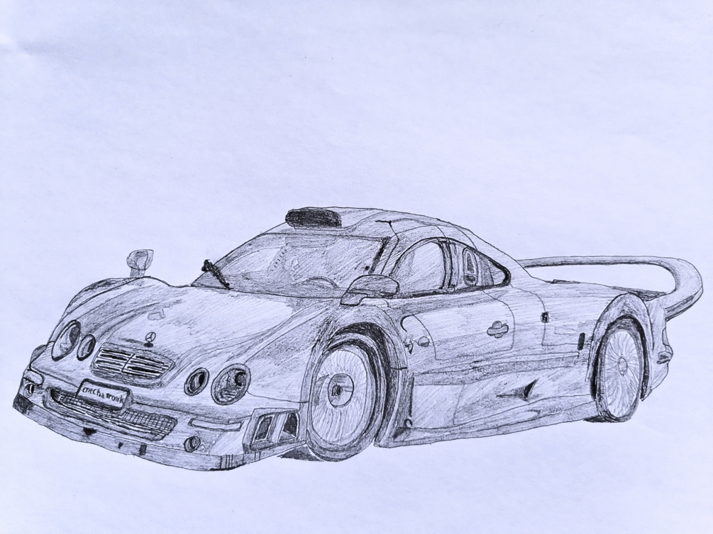 Hand-drawn Mercedes CLK GTR on a rough paper